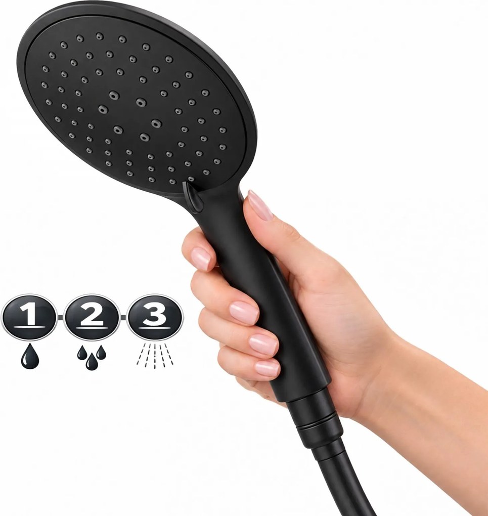 Erga Wemi, 3-funkční ruční sprcha s hadicí 150 cm, 12,5 × 14 cm, černá matná, ERG-YKA-BP.WEMI-BLK