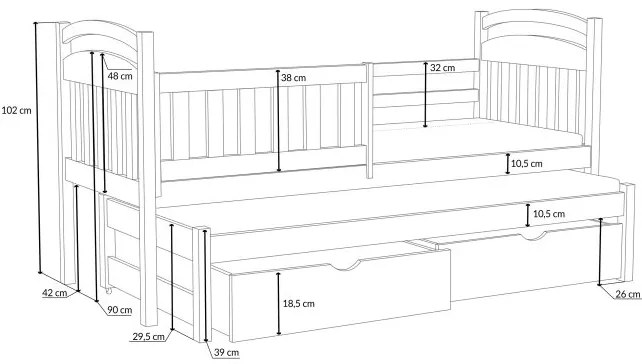 Dětská postel z masivu borovice KAŠPAR s přistýlkou a šuplíky - 200x90 cm - BÍLÁ