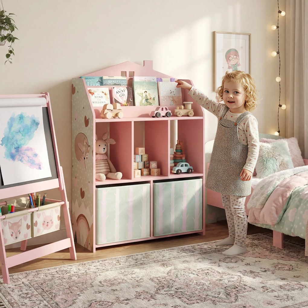 Dětský regál Dětský regál se 2 látkovými zásuvkami otevřený Regál pro 3-8 let 62,5x30x91,5 cm Růžový