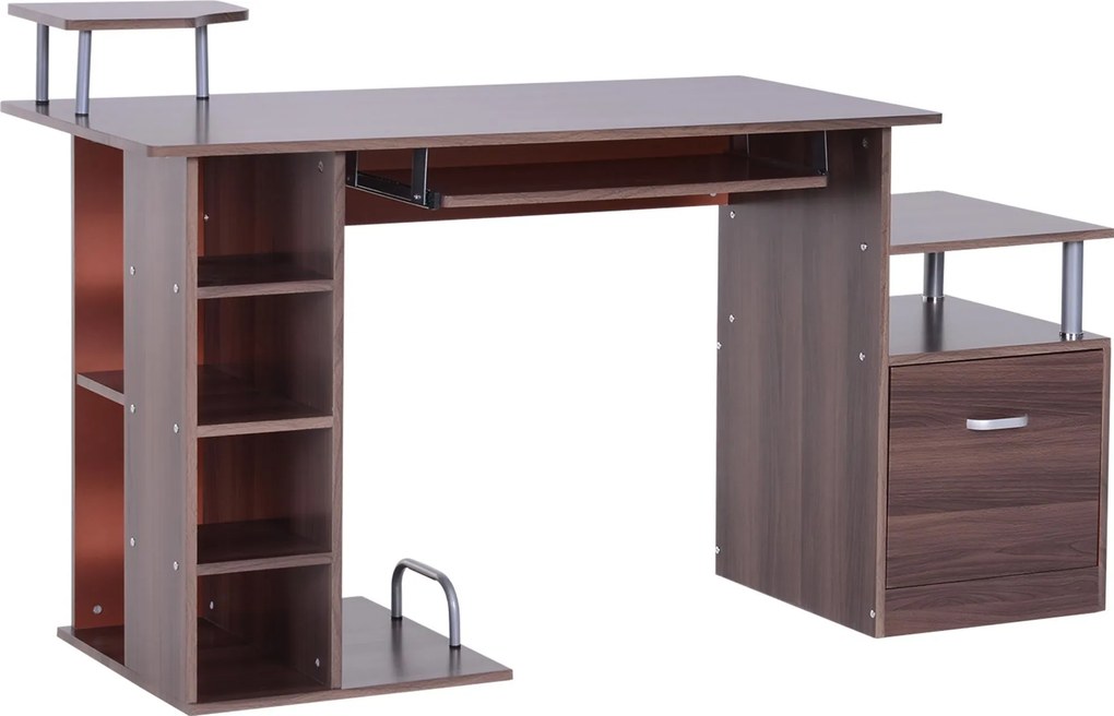HOMCOM Počítačový stůl 120 cm Psací stůl s více policemi, šuplíkem, odkládacím stolem na klávesnici a stojany na monitor, tiskárnu a CPU 152x60x88 cm