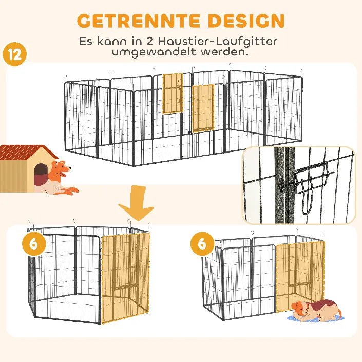 Ohrádka pro štěňata 12dílný výběh pro štěňata skládací se 2 dvířky 12 panelů z ocelové sítě, každý o rozměrech 80x100 cm šedá