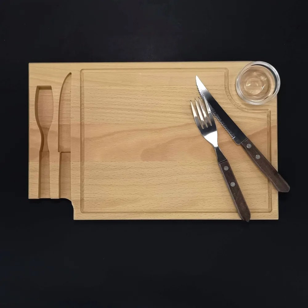 AMADEA Dřevěné prkénko na steak s příborem a skleněnou miskou, masivní dřevo, 36x23x2 cm