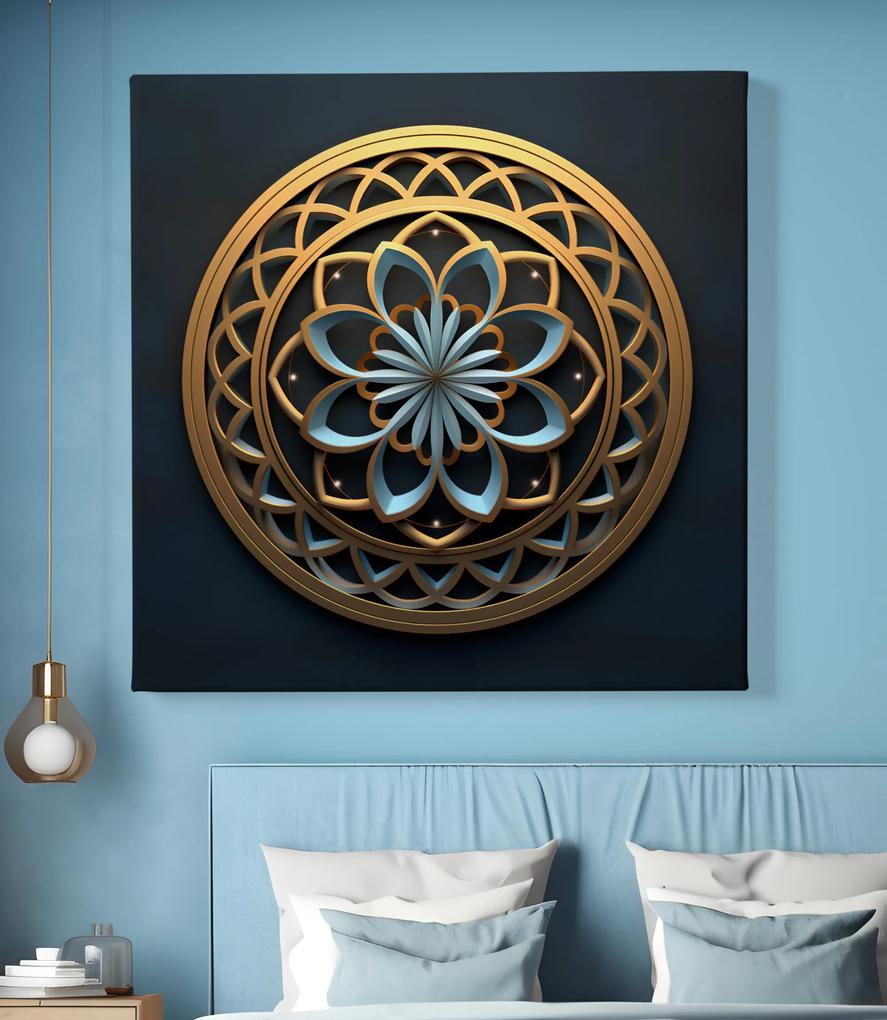 Obraz na plátně - Zlato modrý květ života v kruhu FeelHappy.cz Velikost obrazu: 120 x 120 cm