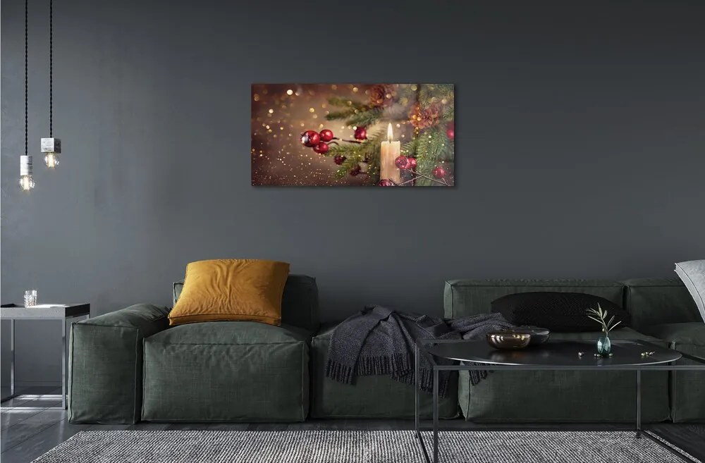 Obraz na skle Větvičky ozdoby svíčka kužely 120x60 cm