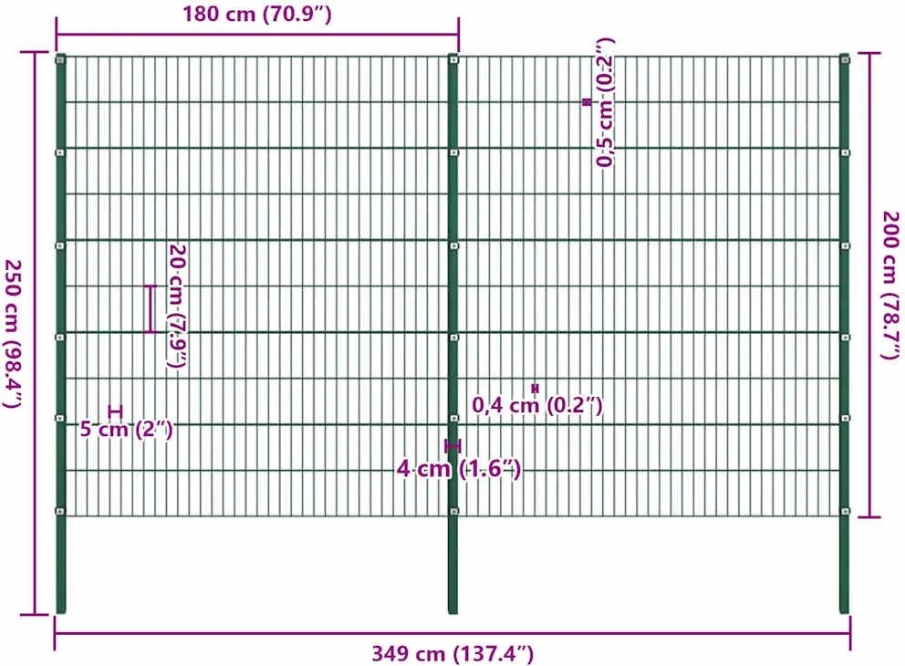 Plotový panel se sloupky železný 349 x 200 cm zelený 278680