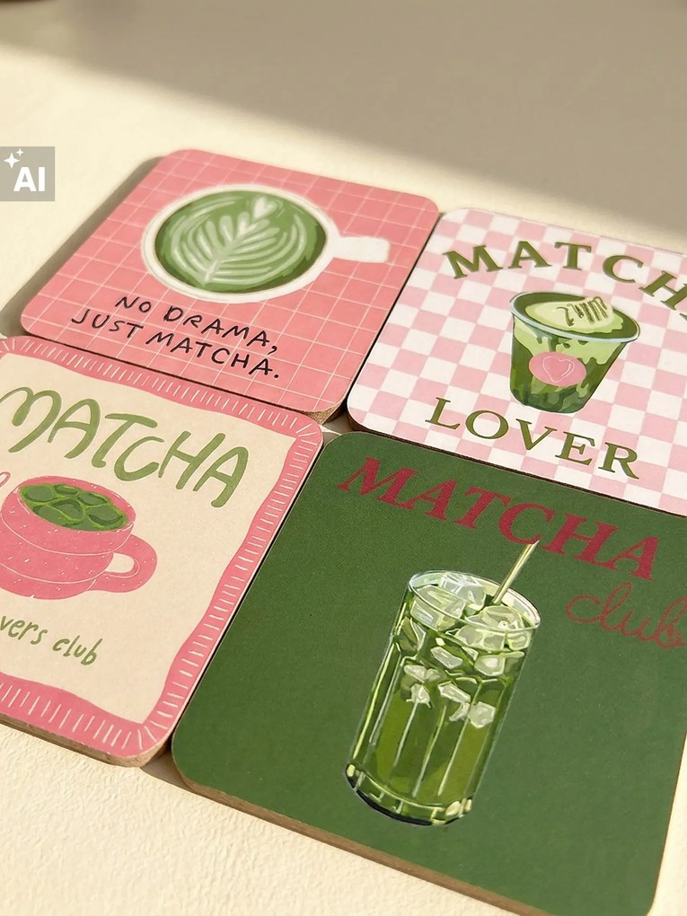 Sinsay - Podtácky pod hrnky s matcha motivem 4 ks - zelená
