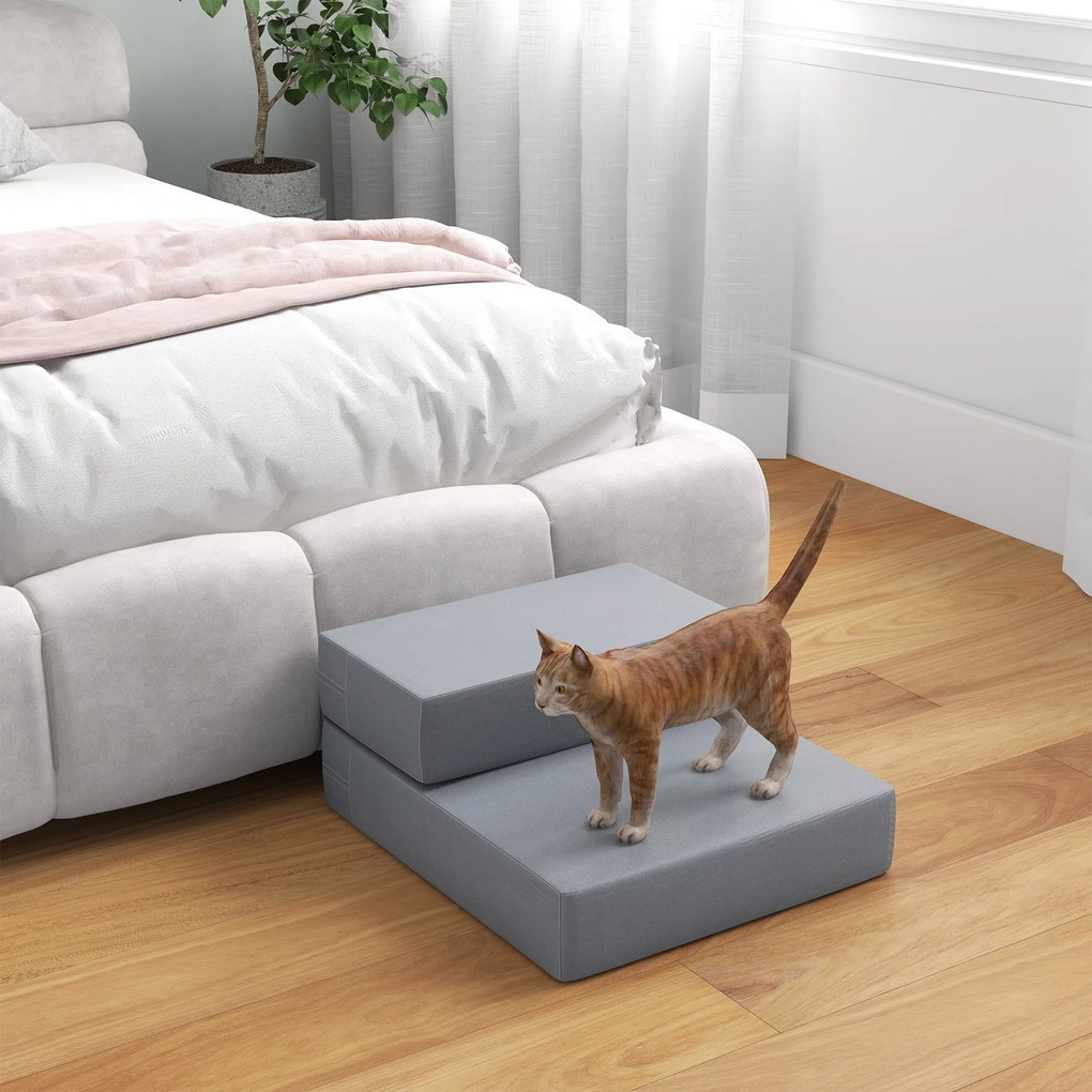 PawHut pet schody skládací dvoustupňová podložka pro psy a kočky šedá L45xW39xH20 cm ideální pro malá zvířata