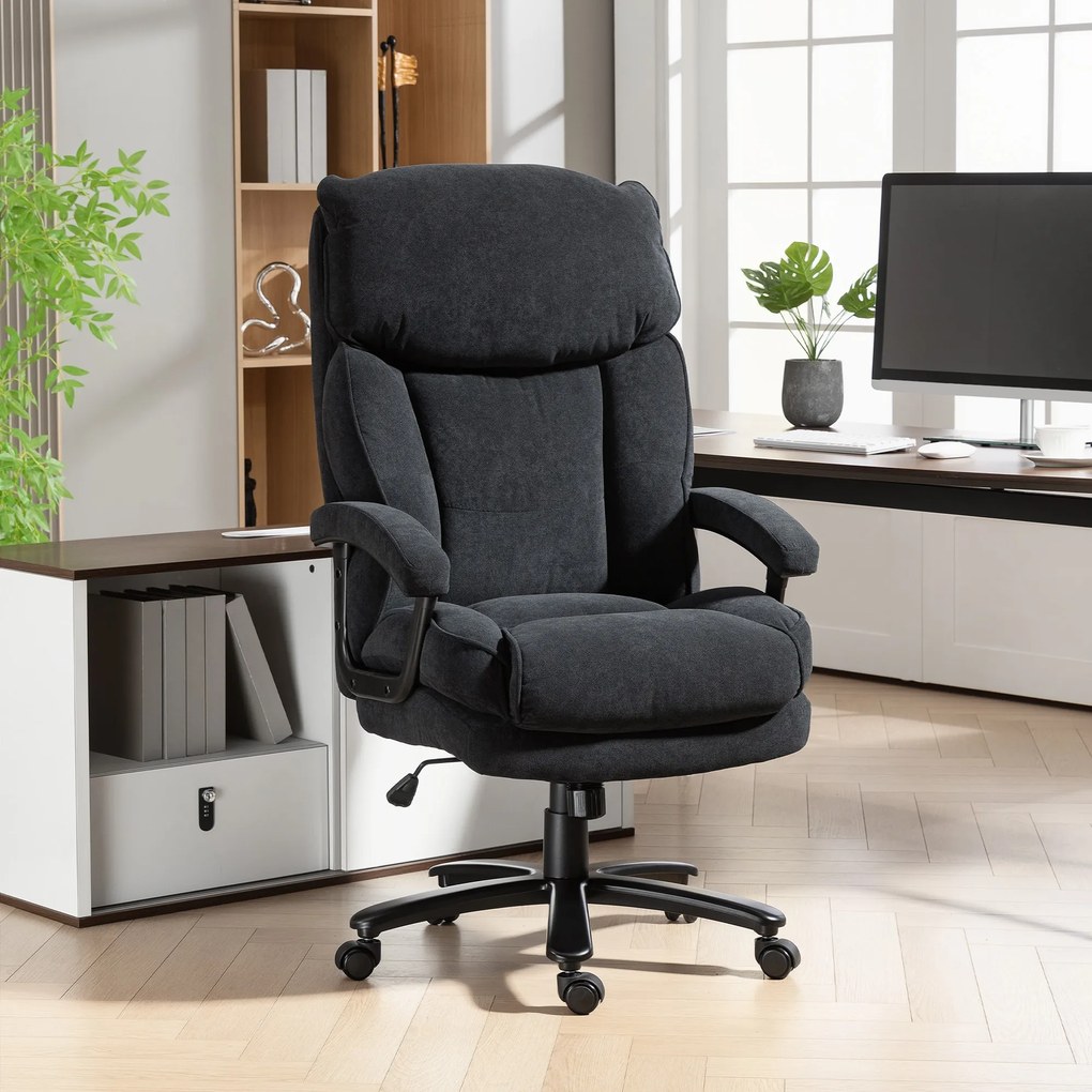 HOMCOM ergonomická kancelářská židle s vysokým opěradlem (nosnost 200 kg) – látka vzhled lnu, nastavitelná výška, houpání, široké sedadlo, černá
