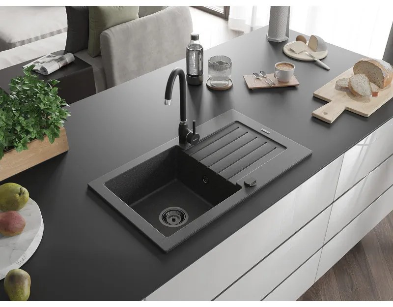 Mexen Pablo, granitový dřez 752x436x161 mm, 1-komorový, černá-skvrny s černým sifonem, 6510751010-76-B