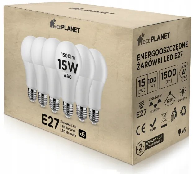 6x LED žárovka ecoPLANET - E27 - A60 - 15W - 1500Lm - teplá bílá