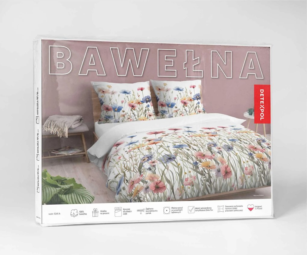 Detexpol Bavlněné povlečení 140x200 Bílé s letními lučními květy - barevné povlečení v boho stylu, 100% bavlna - 5341 A - Soft Meadow