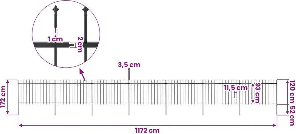 Zahradní plot s kopím nahoře ocelový 1172 x 120 cm černý 277626