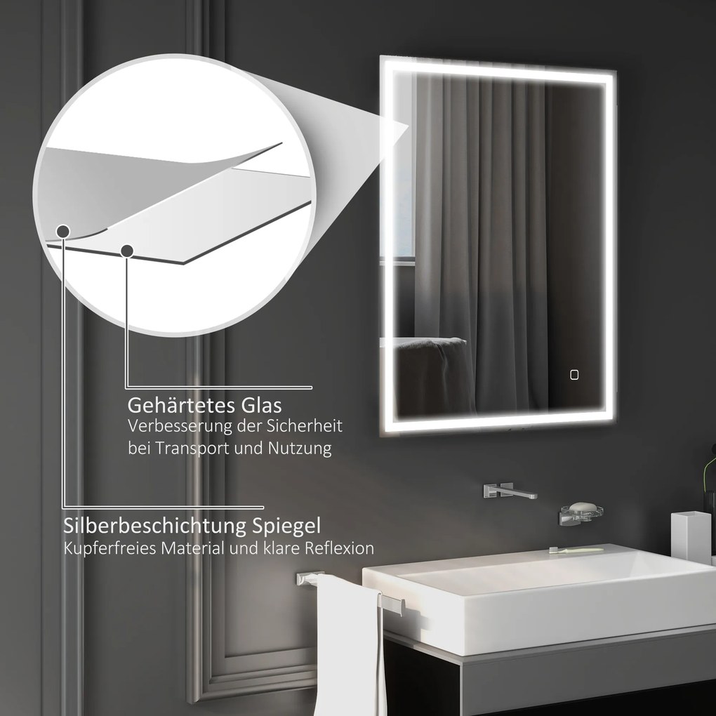 HOMCOM Koupelnové zrcadlo s osvětlením 90x70 cm LED zrcadlo Nástěnné zrcadlo s paměťovou funkcí 3 barvy světla Stříbrná
