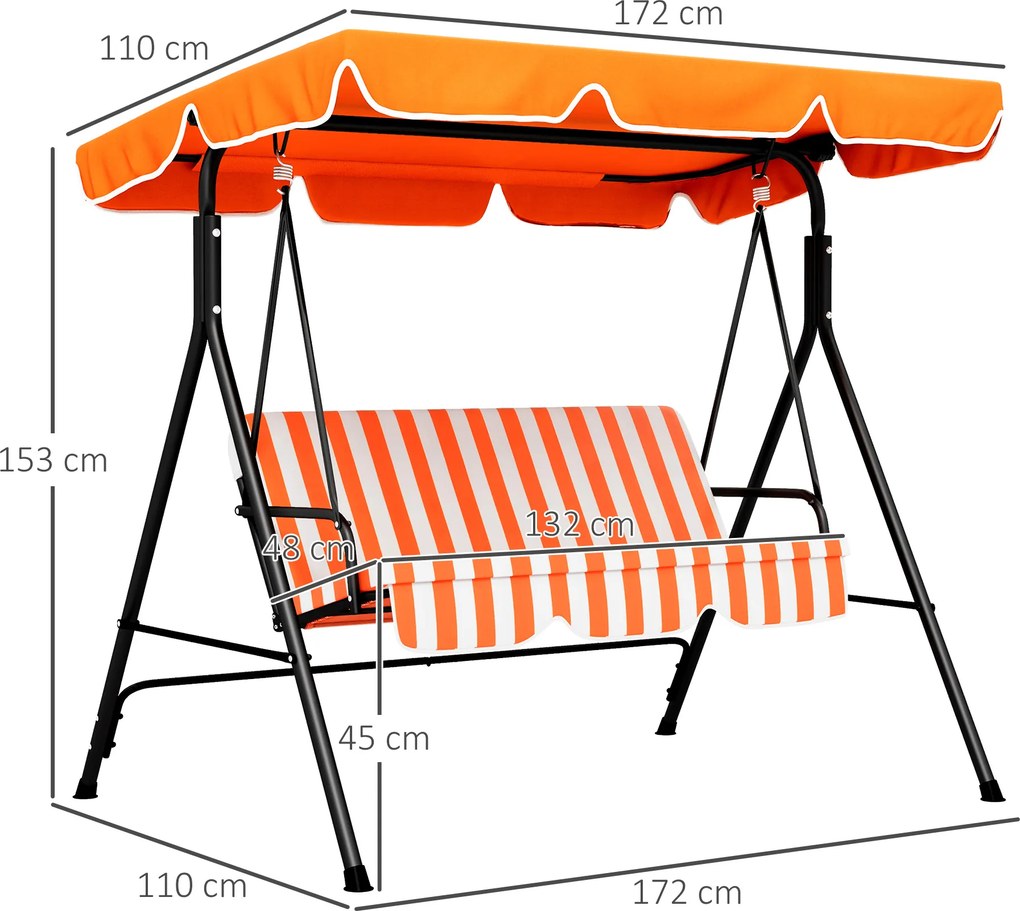 Outsunny zahradní houpačka pro venkovní použití, 3 osoby, s nastavitelnou střechou a ocelovým rámem, 172 x 110 x 153 cm, Oranžová