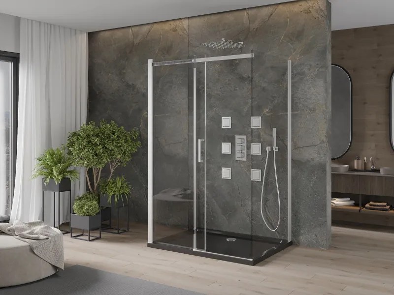 Mexen Omega, 3-stěnový sprchový kout s posuvnými dveřmi 140 (dveře) x 80 (stěna) x 190 cm, 8mm čiré sklo, chromový profil + černá sprchová vanička SLIM, 825-140-080-01-00-3S-4070