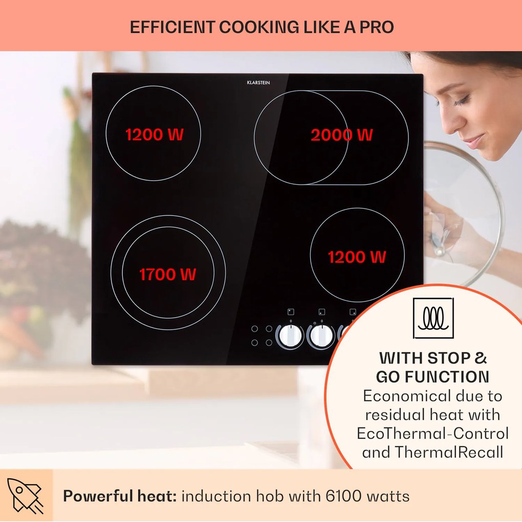 Klarstein EasyCook, sklokeramická varná deska, 6100 W, otočný regulátor, černá