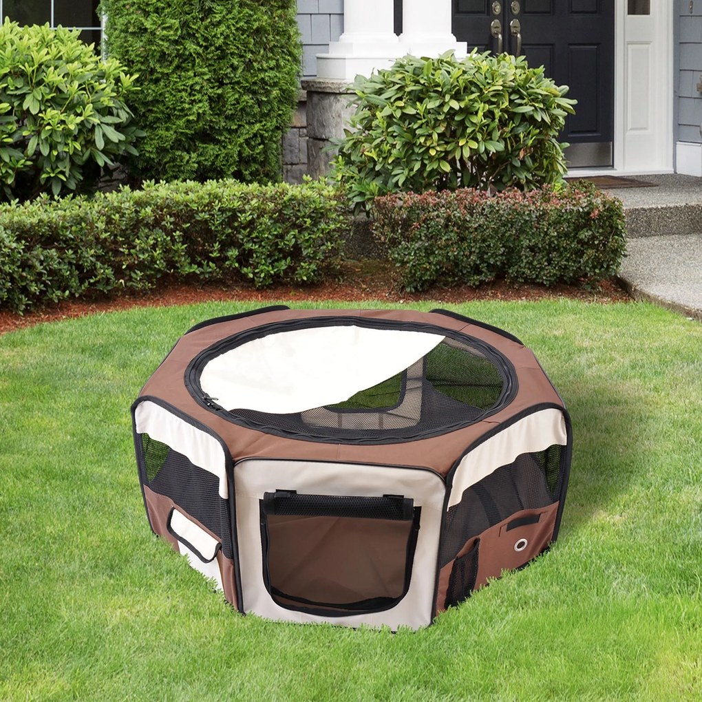 Skládací osmiúhelníkový playpen pro kočky a malé zvířata - rozměry Ø 90 x 41H cm - béžovo-hnědý | Aosom