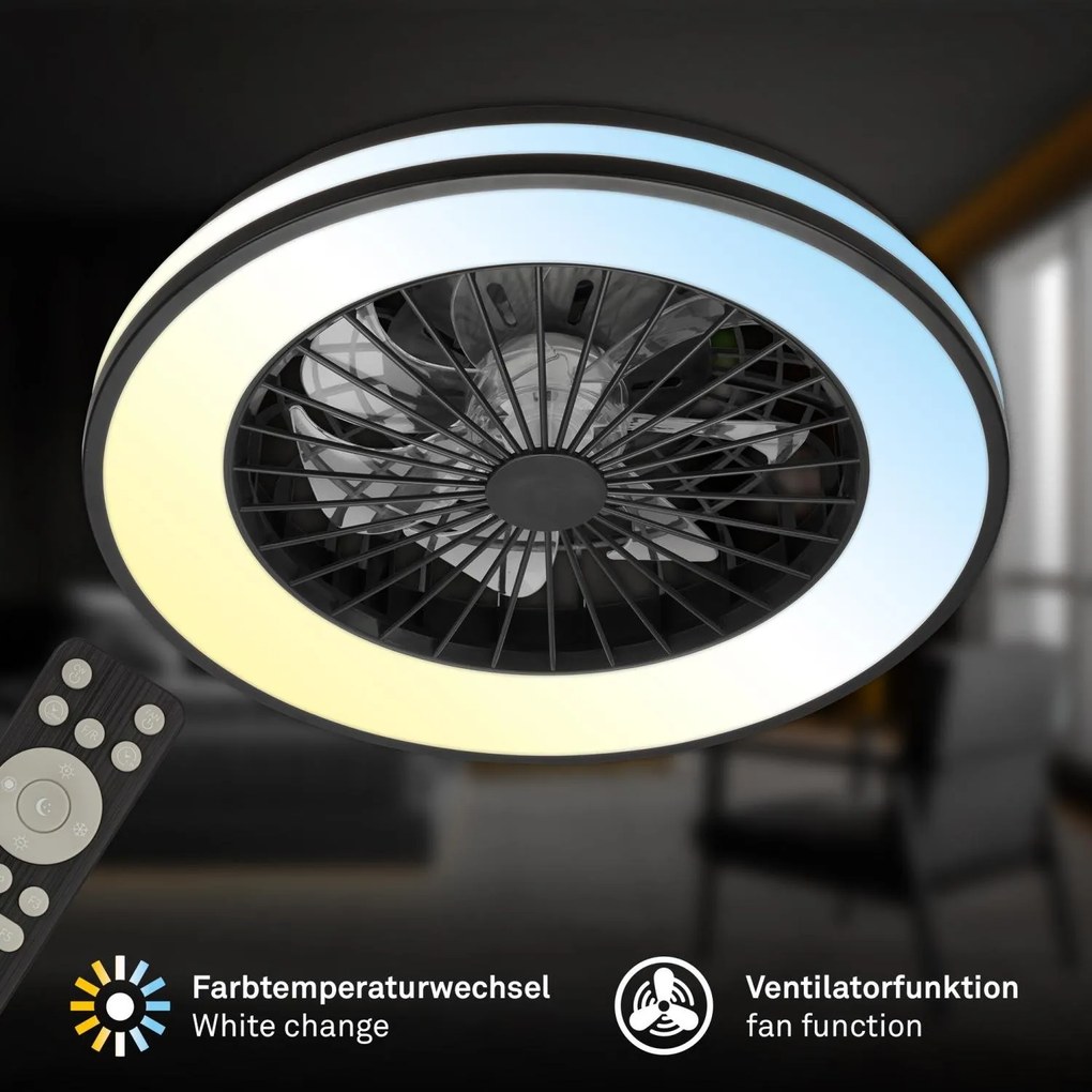BRILO 3801015 LED stropní svítidlo s ventilátorem, 5 rychlostí, dálkový ovladač, CCT, černé - BRILO