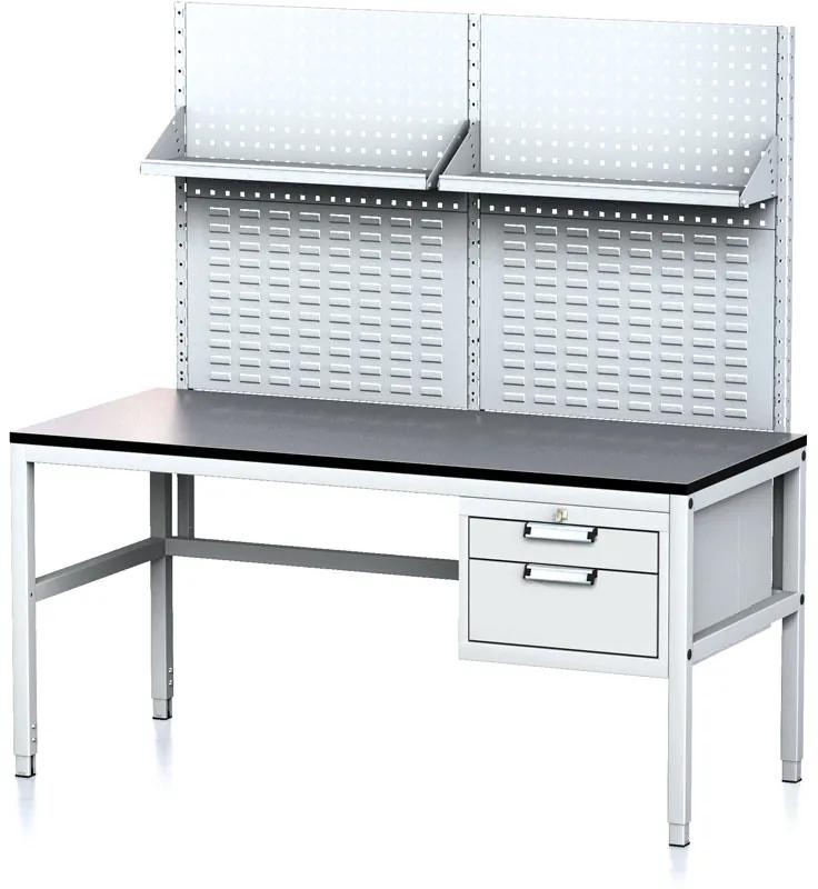 Alfa 3 Nastavitelný dílenský stůl MECHANIC II s perfopanelem a policemi, 2 zásuvkový box na nářadí, 1600x700x745-985 mm, šedá/šedá