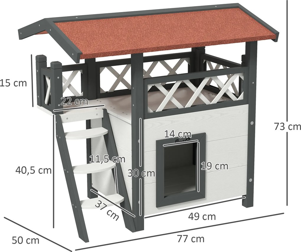 Dvoupatrový domek pro kočky PawHut s asfaltovou střechou a balkonem, vila pro kočky se schody z masivního dřeva, bílá, 77 x 50 x 73 cm | Aosom.de