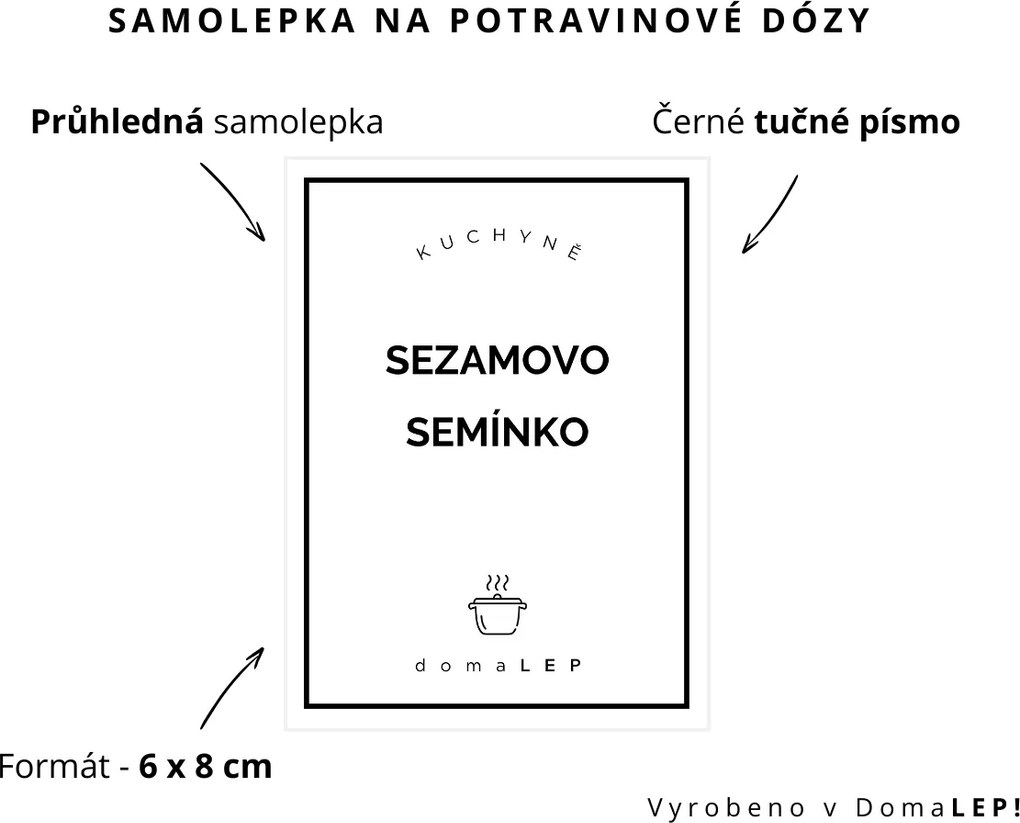 SEZAMOVO SEMÍNKO - omyvatelná samolepka na dózu, výběr rozměrů Ø 5 cm / 5 x 5 cm / 6 x 8 cm | DomaLEP tvar: KOLEČKO, barva: PRŮHLEDNÁ - ČERNÉ písmo, velikost: Ø 5 cm - základní písmo