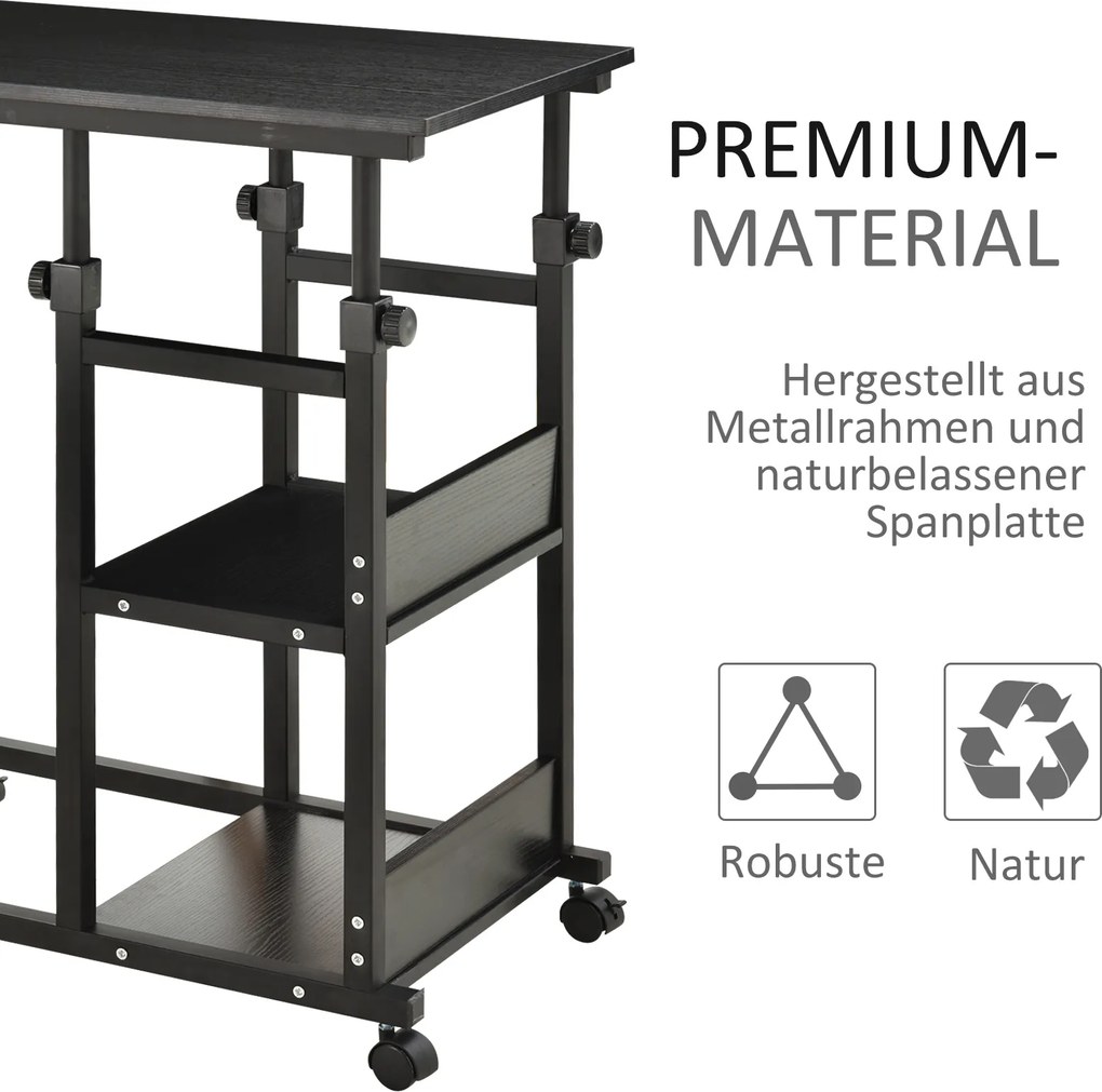 HOMCOM Stolek se Společkami 80x40 cm C-Formovaný Pohovkový Stolek s Nastavitelnou Výškou 3 Úrovně 72-82 cm Kovový Rám pro Obývací Pokoj a Kuchyni Čer…