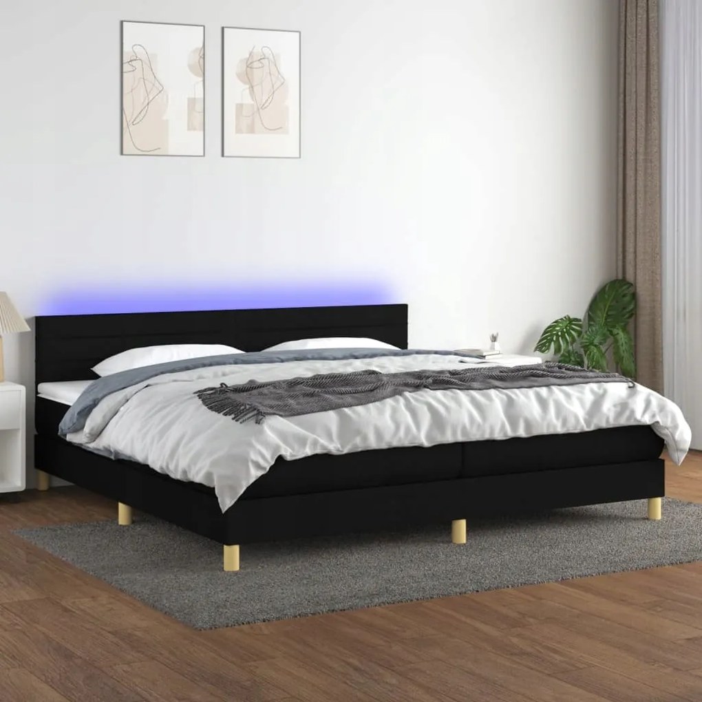 Box Spring Postel S Matrací A Led Černá Textil Černá vodorovné pruhy 200