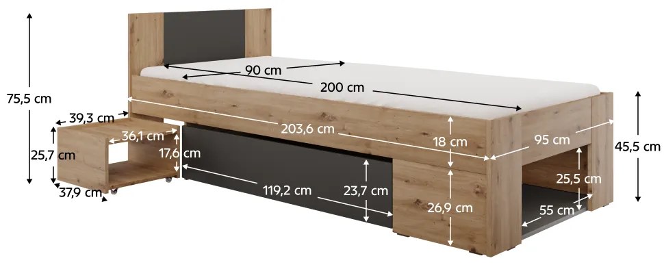 Kondela Postel s úložným prostorem, 90x200, dub artisan/antracit, UNIS