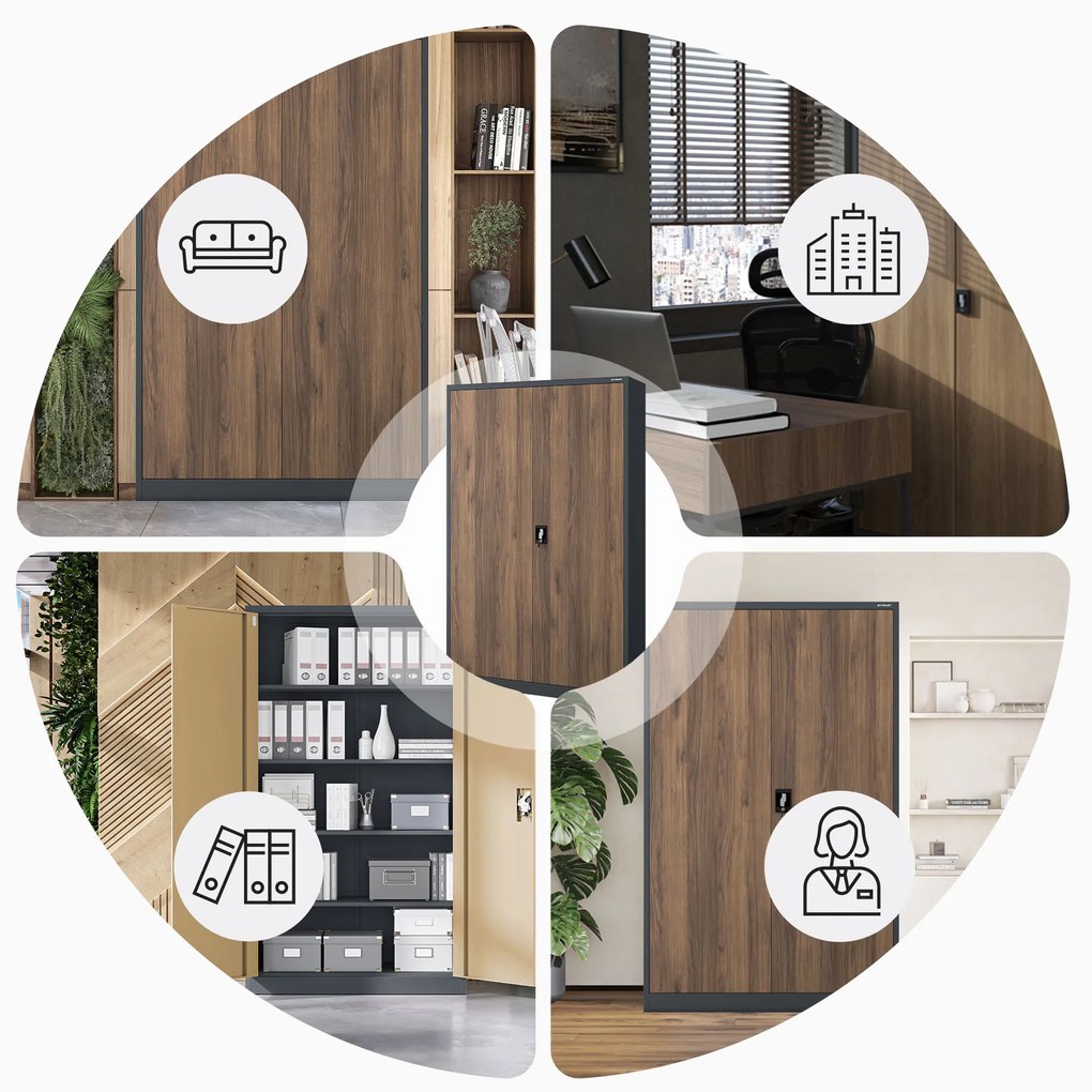 Kovová kancelářská skříň na dokumenty široká bílá antracit/ořech, 1150x1850x400 mm: JAN II Eco Design