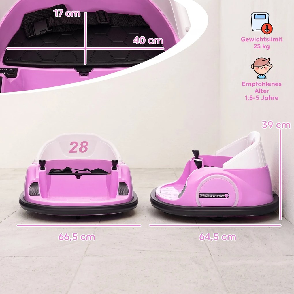 AIYAPLAY Autodráha, 360° rotace, rychlost 2 km/h, bezpečnostní pás, LED světla, hudba a klakson, růžová
