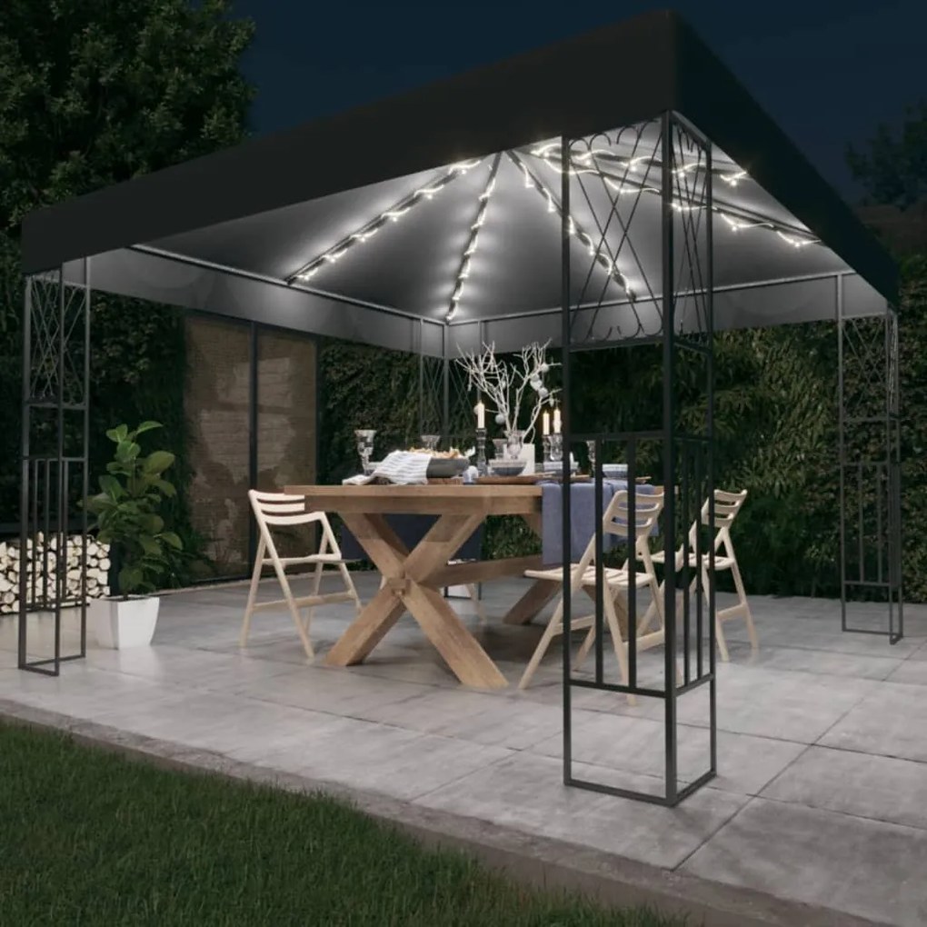 Altán se světelnými LED řetězy 3 x 3 m antracitový textil 3070327