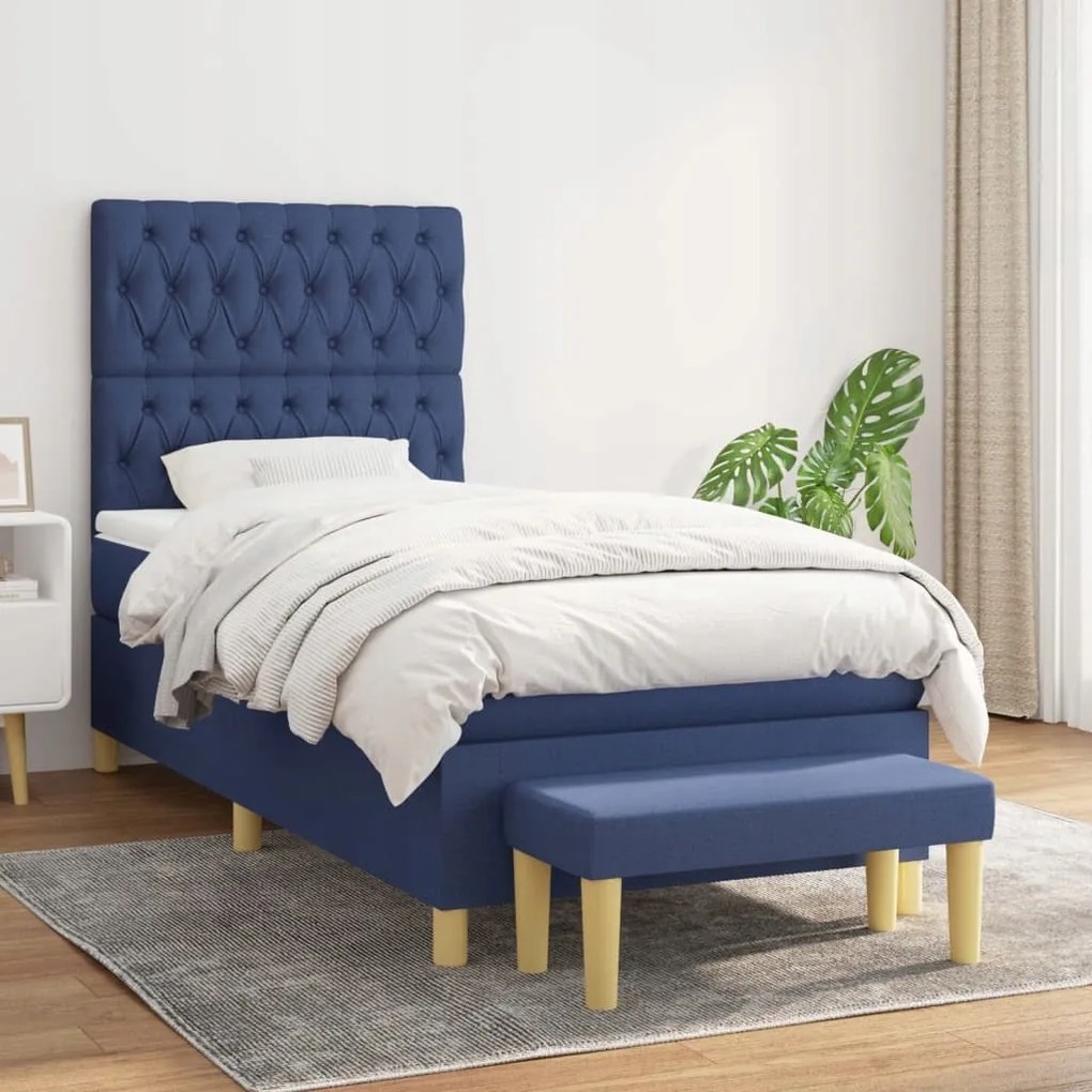 Box Spring Postel S Matrací Textil Modrá Prošívaný design 90 x 200 cm