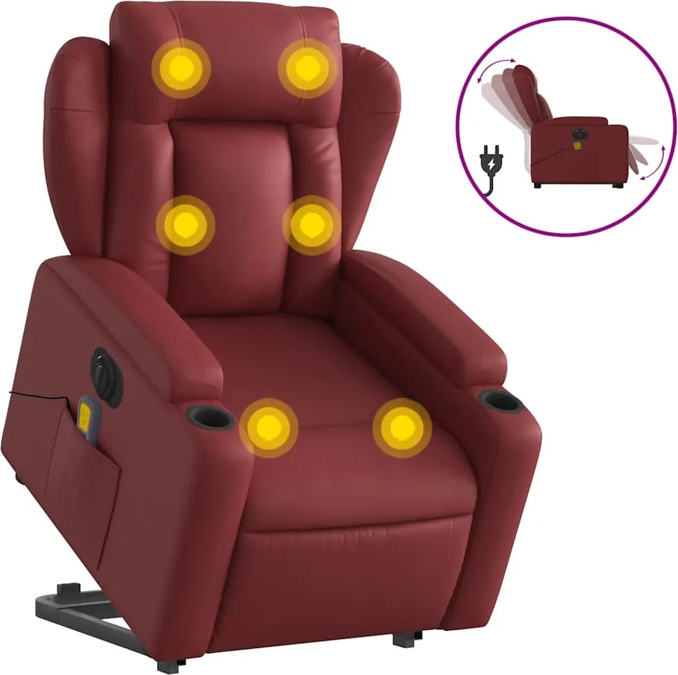 Elektrické zvedací masážní polohovací křeslo vínové umělá kůže 3204569