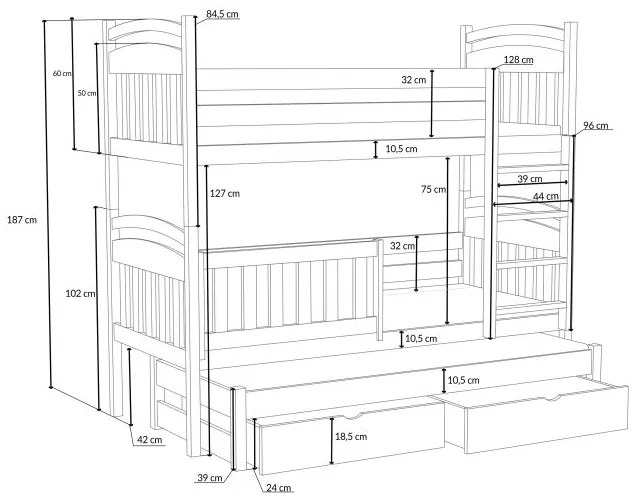 Dětská patrová postel z masivu borovice ONDRA s přistýlkou a šuplíky - 200x90 cm - BÍLÁ