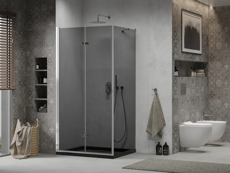 Mexen Lima, sprchový kout se skládacími dveřmi 100 (dveře) x 80 (stěna) cm, 6mm šedé sklo, chromový profil + slim sprchová vanička černá + chromový sifon, 856-100-080-01-40-4070