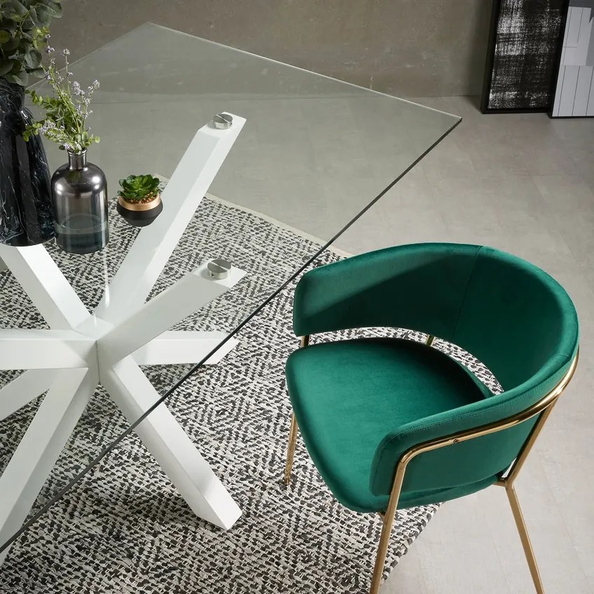 Skleněný jídelní stůl Kave Home Argo 180 x 100 cm s bílou kovovou podnoží