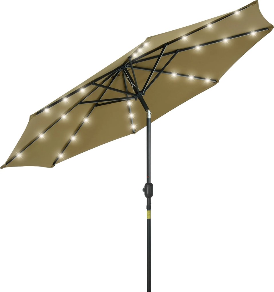 Outsunny Ø268x238 cm Zahradní Slunečník s 24 Solárními LED Světly a Mechanismem Naklápění pro Terasu a Bazén Hnědá | Aosom