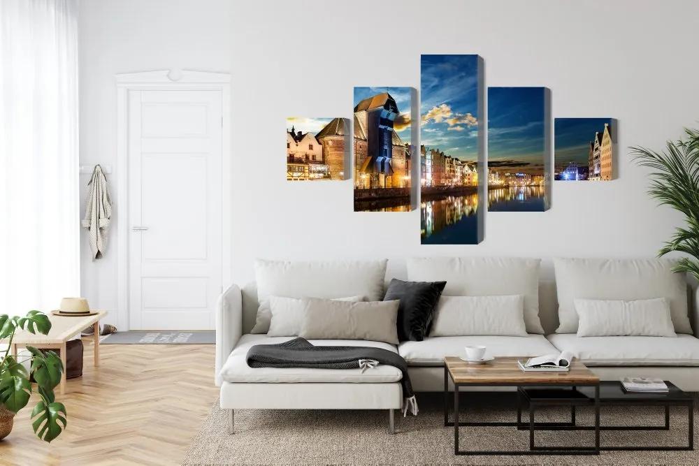Vícedílný obraz Gdaňské Přístaviště A Jeřáb V Noci Nedostatek Nedostatek Plátno Canvas 200x120