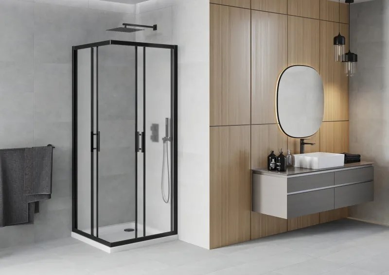 Mexen Rio, čtvercový sprchový kout 80(dveře)x80(dveře)x190 cm, 5mm sklo námraza, černý profil + bílá sprchová vanička SLIM, 860-080-080-70-30-4010B