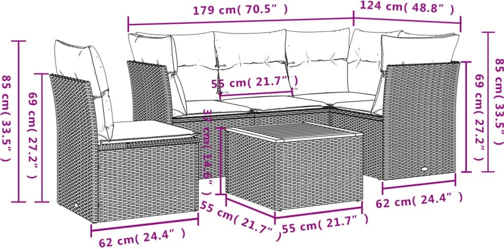 6dílná zahradní sedací souprava s poduškami černá polyratan 3223640
