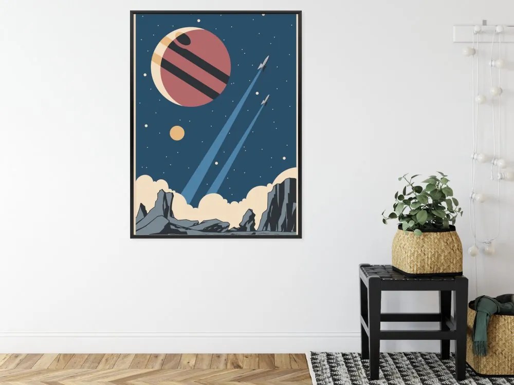 Plakát Raketové Planety A Hvězdy V Retro Stylu Rám Hliník Barva Černá Černá Hliník Plakátový papír 50x70