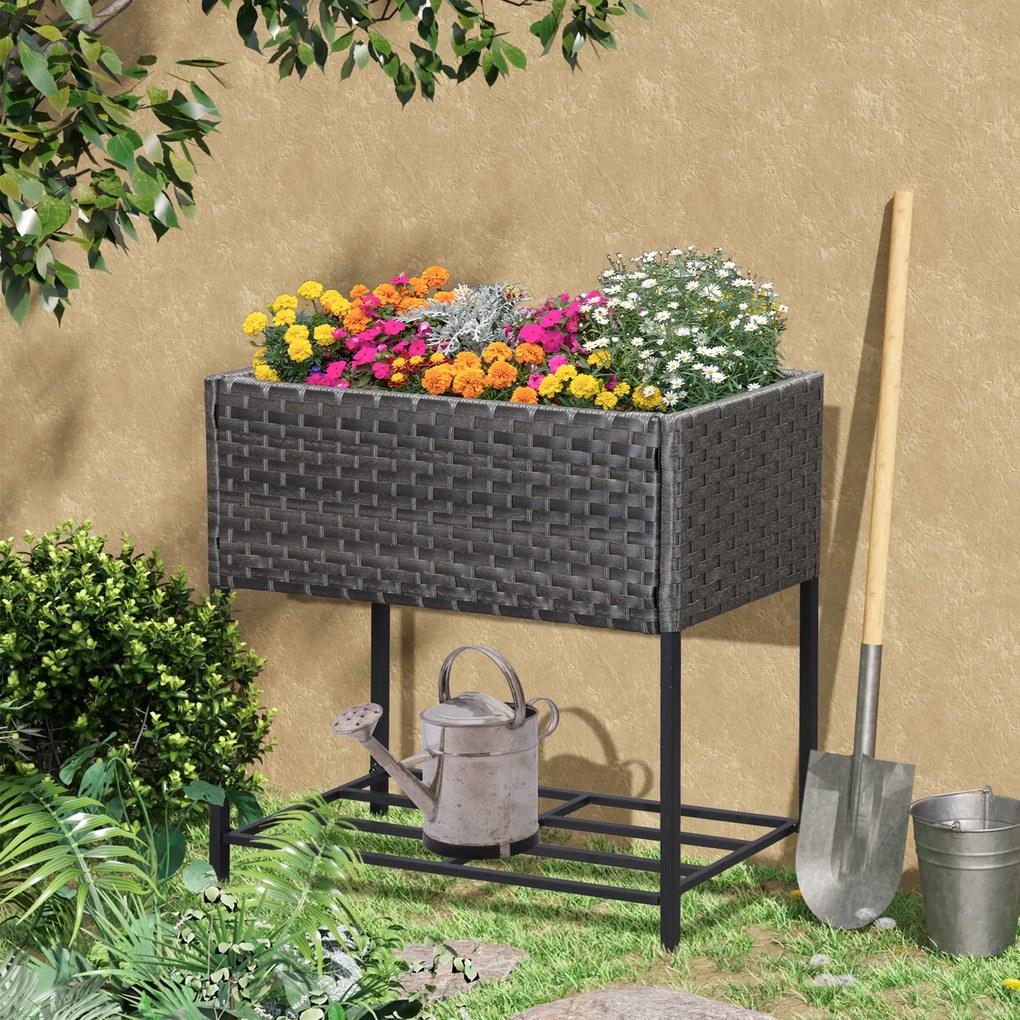 Vyvýšený záhon Outsunny z polyratanu s nožičkami a policí, 70 x 30 x 72 cm, hnědý pro zahradu balkon terasu