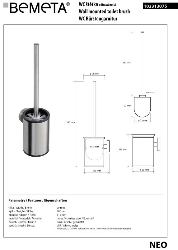 Bemeta Design NEO: WC štětka, na pověšení, nerez, plast - 102313075