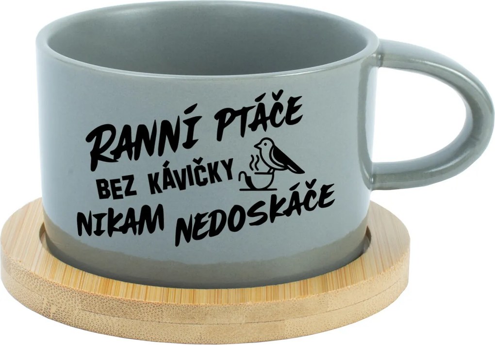 RANNÍ PTÁČE BEZ KÁVIČKY NIKAM NEDOSKÁČE - šedý hrníček makronka 200 ml