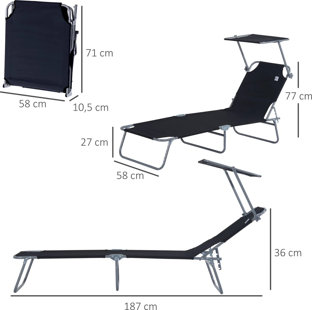 Zahradní lehátko Outsunny skládací s ochranou proti slunci 187x58x36 cm v černé barvě, ideální na terasu a balkon | Aosom.de