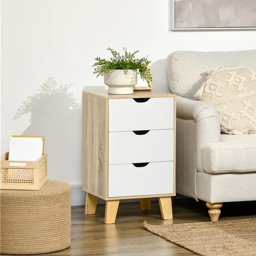 HOMCOM 3-zásuvkový prádelník s vyvýšeným základem pro ložnici, obývací pokoj a chodbu – moderní styl, protipádová ochrana, 40x35x68,5 cm, přírodní a b