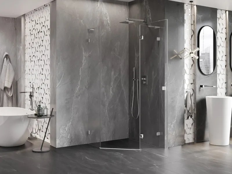 Mexen Lunar, L sklopný pětiúhelníkový sprchový kout pravý 90 x 90 cm, 8mm čiré sklo, chromový profil, 831L-090P-090L-01-00-P