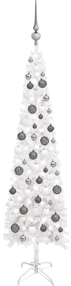 3078101 vidaXL Úzký vánoční stromek s LED diodami a sadou koulí bílý 120 cm
