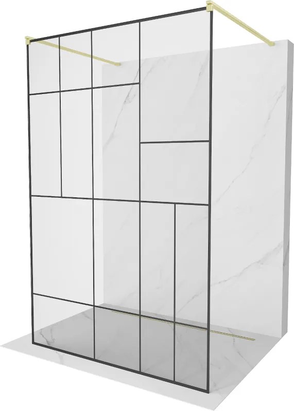 Mexen Kioto, sprchová zástěna Walk-In 100 x 200 cm, 8mm sklo černý vzor, ​​zlatý matný profil, 800-100-002-55-78