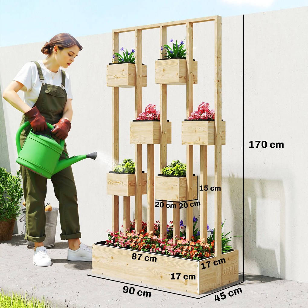 Outsunny dřevěný vyvýšený truhlík s mřížkou, 90 × 45 × 170 cm — pro popínavé rostliny, balkon a terasu